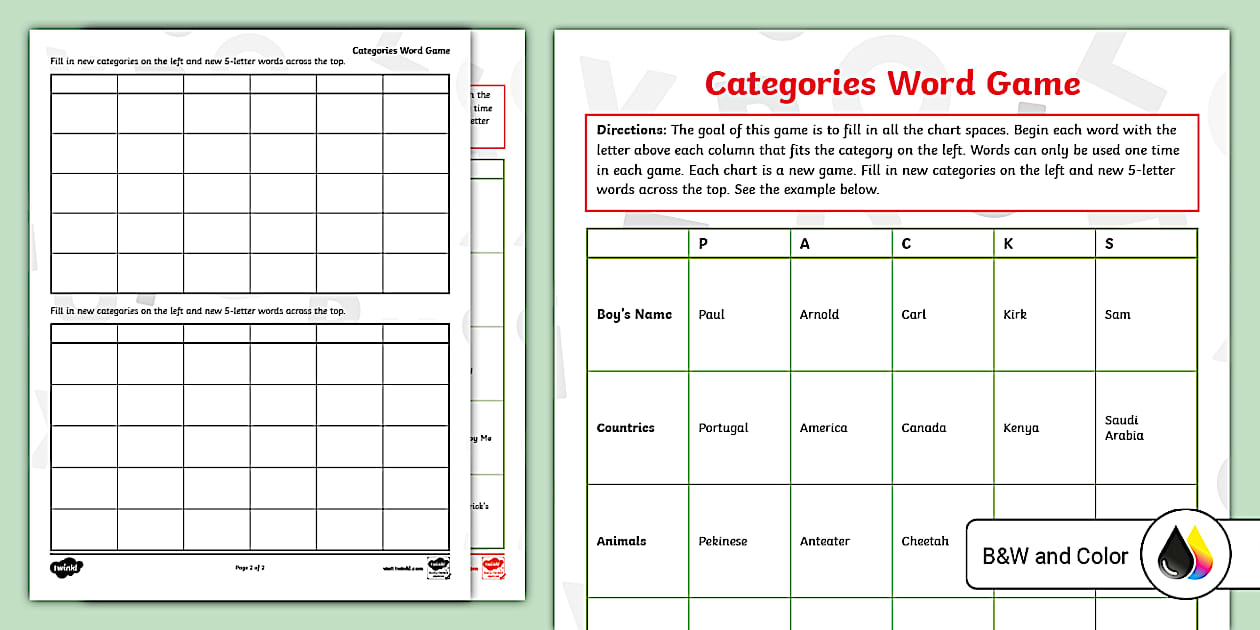 Eighth Grade Categories Word Game Worksheet (teacher made)