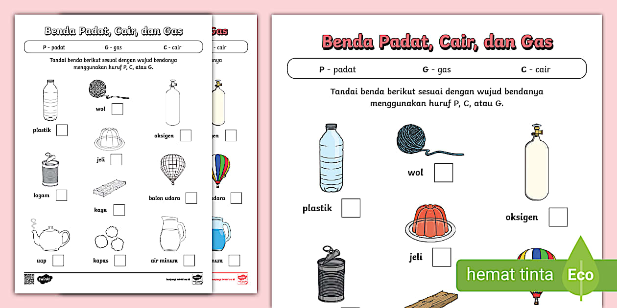 Worksheet Lembar Kerja Benda Padat, Cair, dan Gas - Twinkl