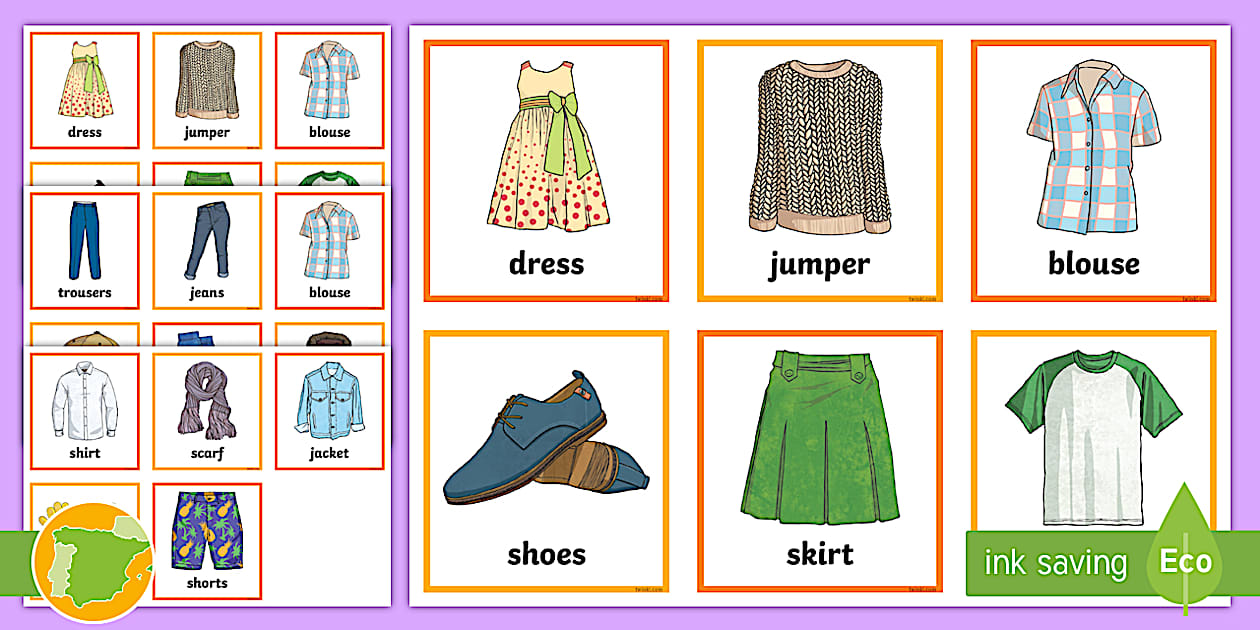 A1 Tarjetas de vocabulario: Ropa en inglés (teacher made)