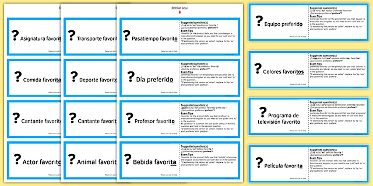 GCSE Spanish Asking Questions Favourite Things Practice Cards