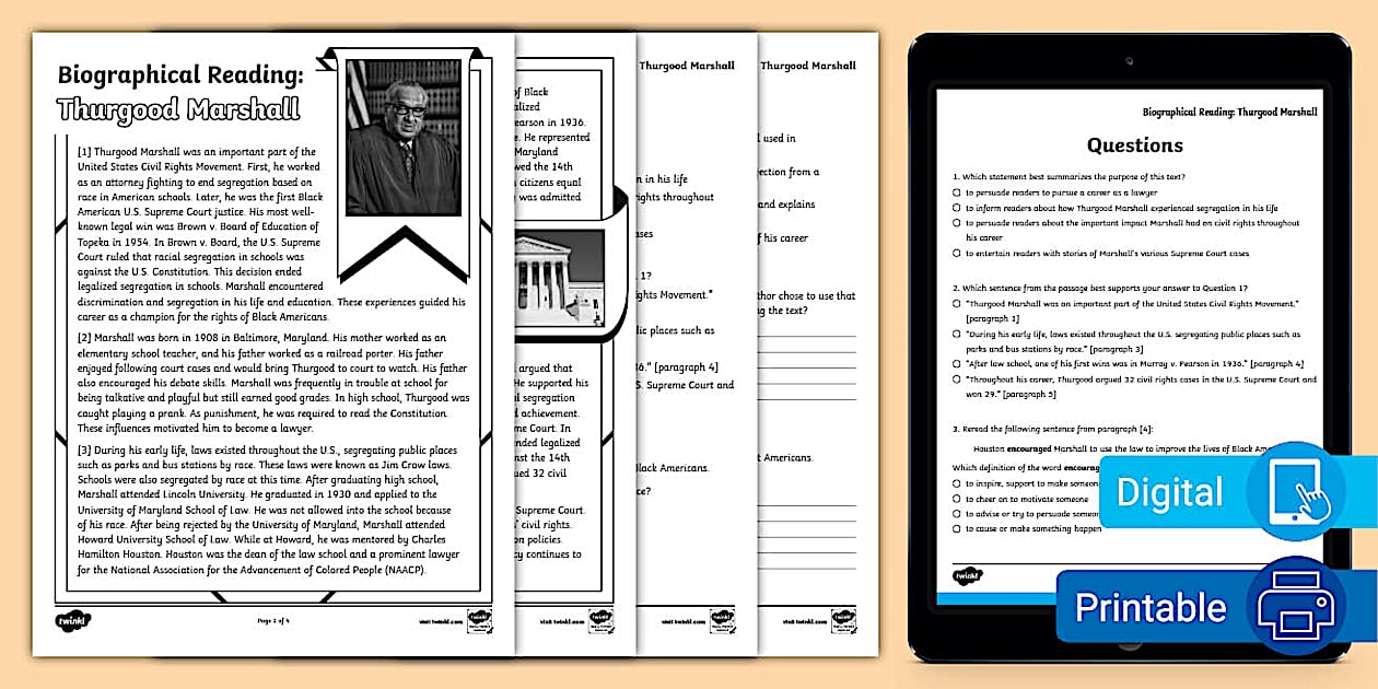 Informational Reading Comprehension Biography of Thurgood Marshall