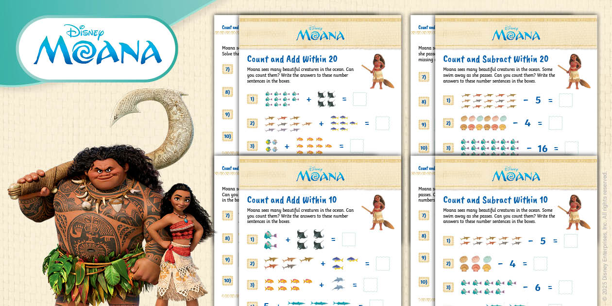 👉 Moana: Count and Add/Subtract Maths Activity Sheets