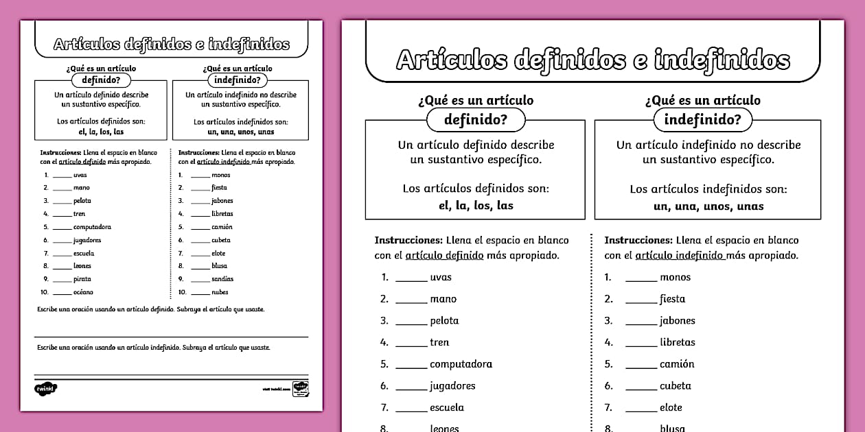 Definite and indefinite articles in Spanish worksheet answers