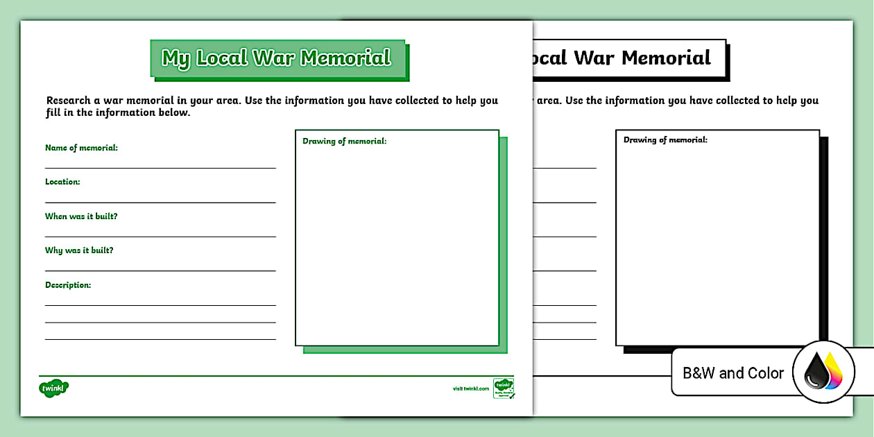 My Local War Memorial Research Activity Worksheet for 3rd-5th Grade