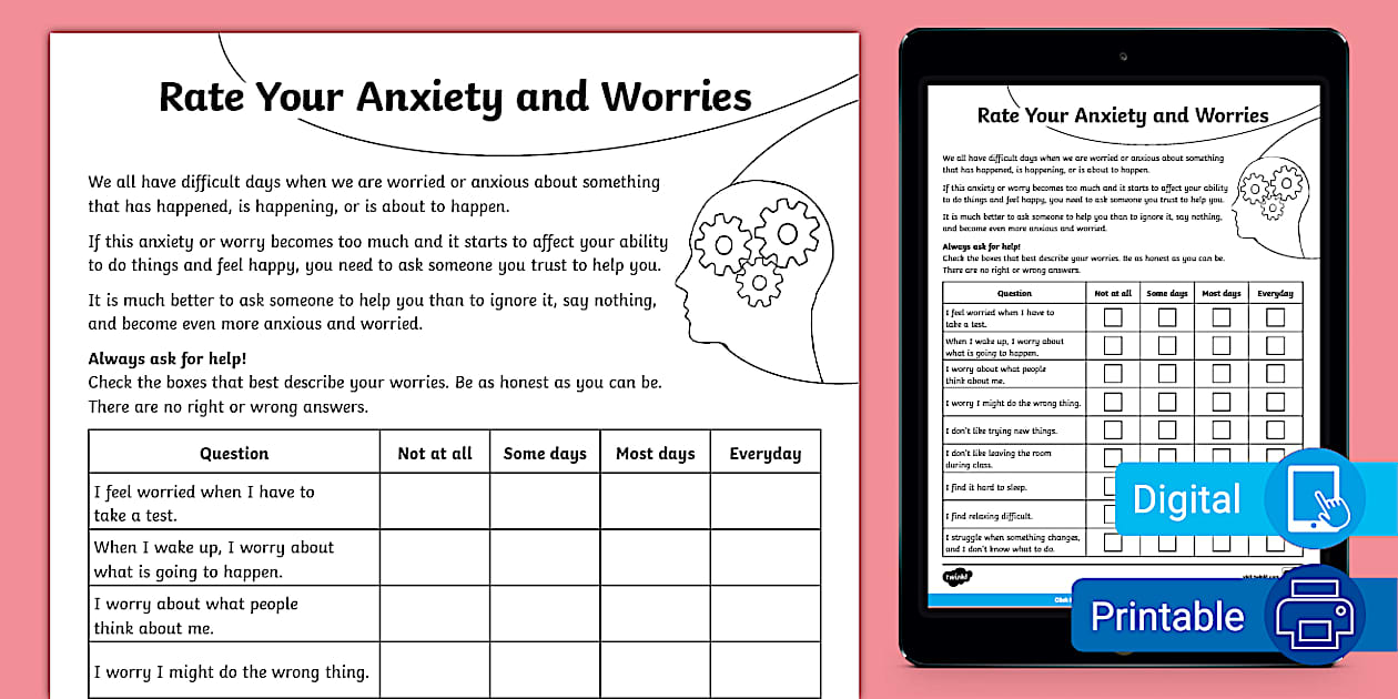 Rate Your Anxiety and Worries Activity Sheet 3rd-5th Grade