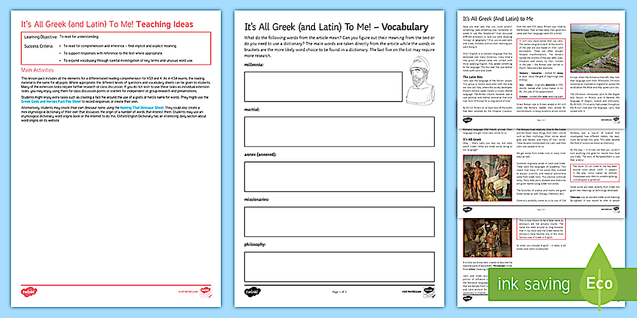 It's All Greek (and Latin) To Me! Differentiated Comprehension Worksheet