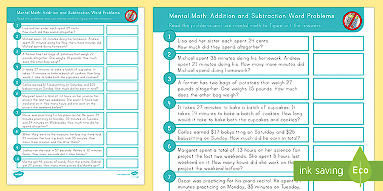 Mental Math: Addition and Subtraction Word Problems Worksheet