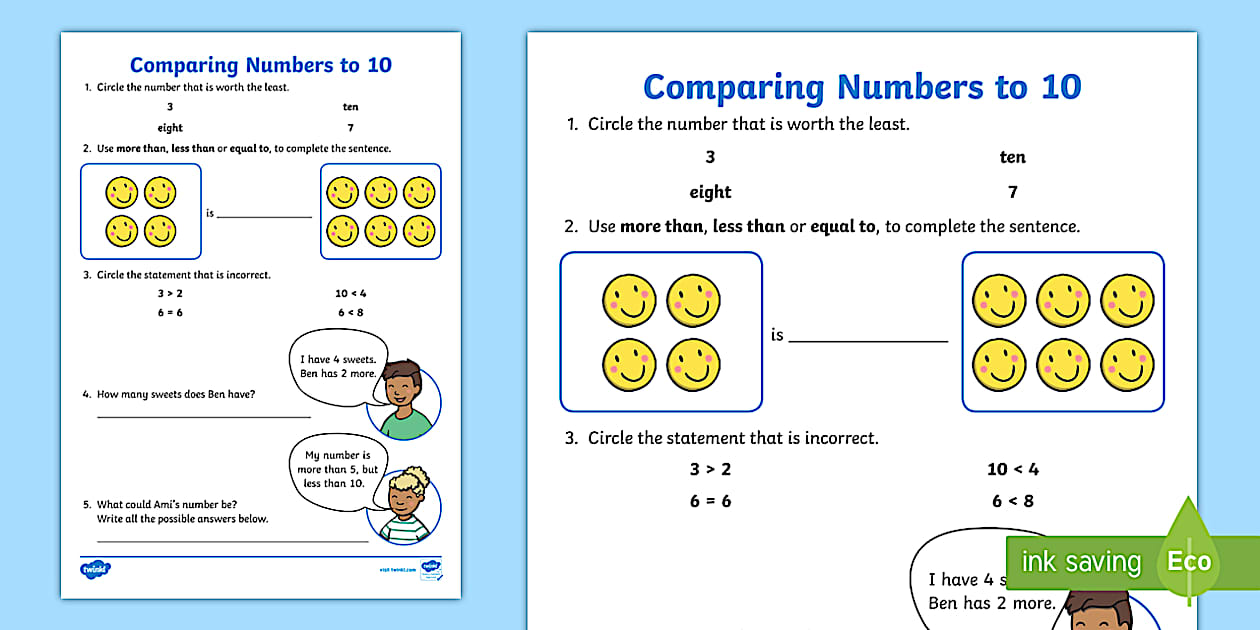 Editable Comparing Numbers to 10 Worksheet - Twinkl