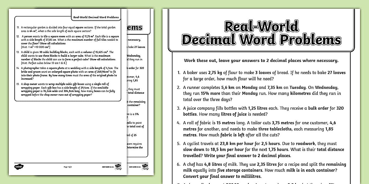 Real-World Decimal Word Problems Worksheet (teacher made)