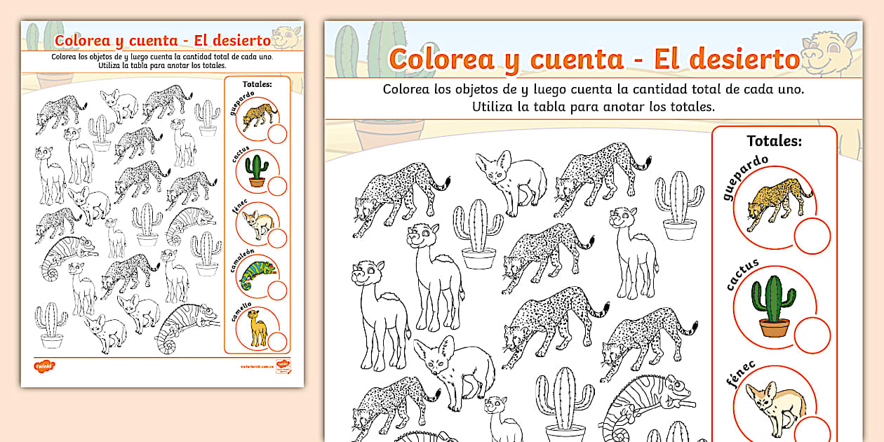 Guía de trabajo: Colorea y cuenta - El desierto - Twinkl