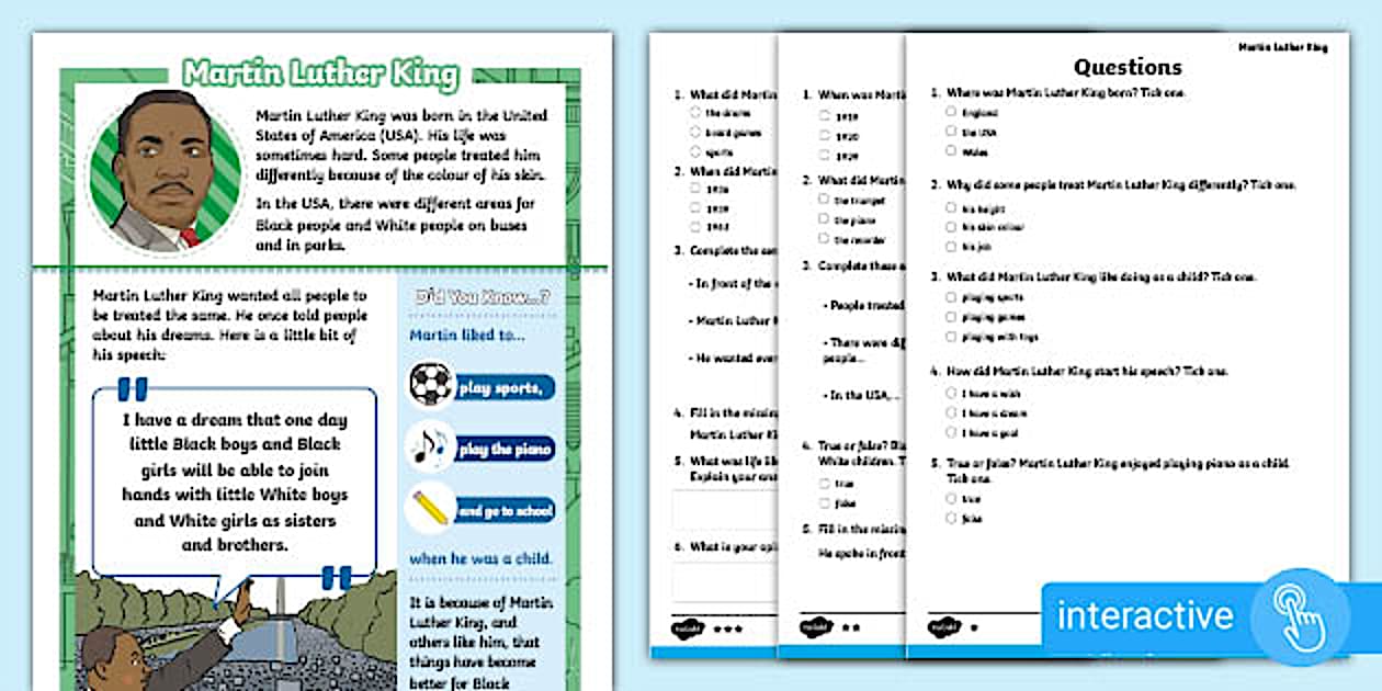 Middle Ability Interactive PDF: KS1 Martin Luther King Jr. Differentiated