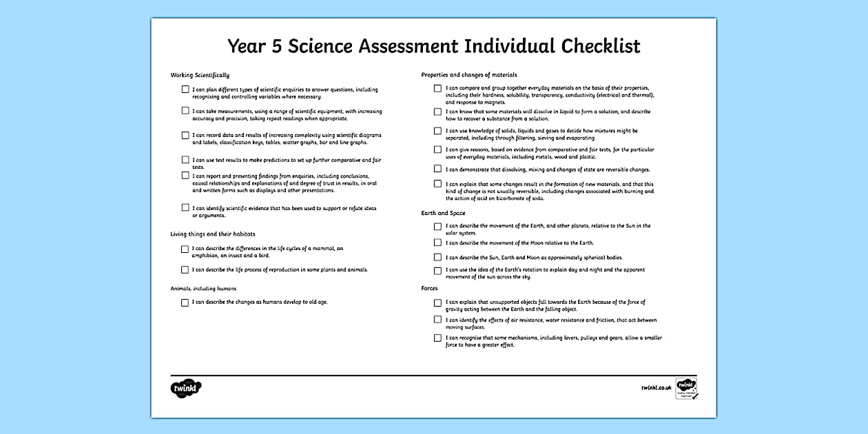 Editable 2014 Curriculum Year 5 Science Assessment Individual Checklist
