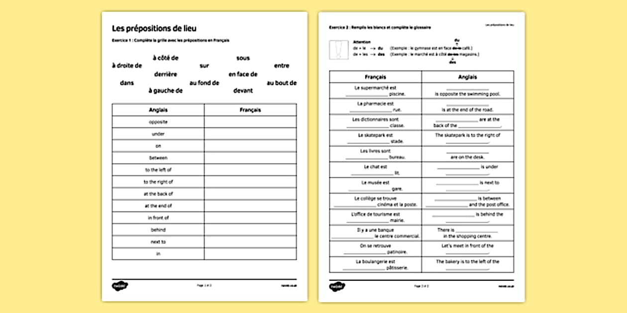 Place Prepositions Worksheet | French Grammar Exercises PDF