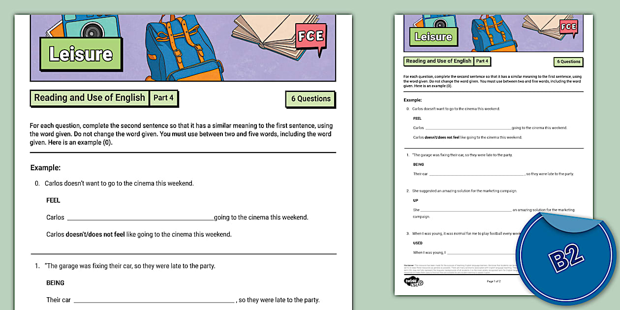 B2 First (FCE) Reading and Use of English Part 4 - Twinkl