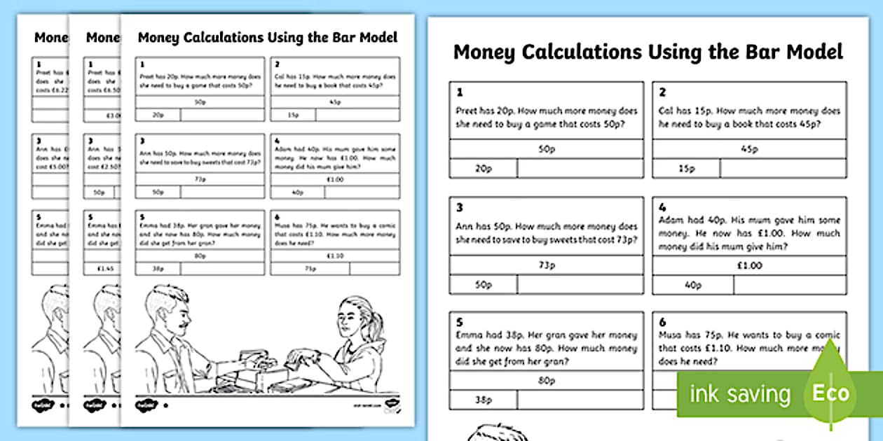 Editable Money Calculations Using the Bar Model Differentiated Worksheets