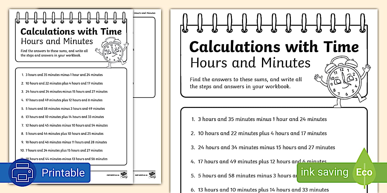 Calculations with Time – Hours and Minutes Activity Sheet