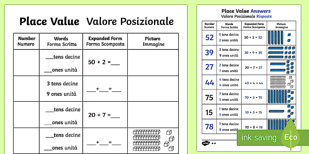 Higher Ability Place Value Worksheet English/Italian