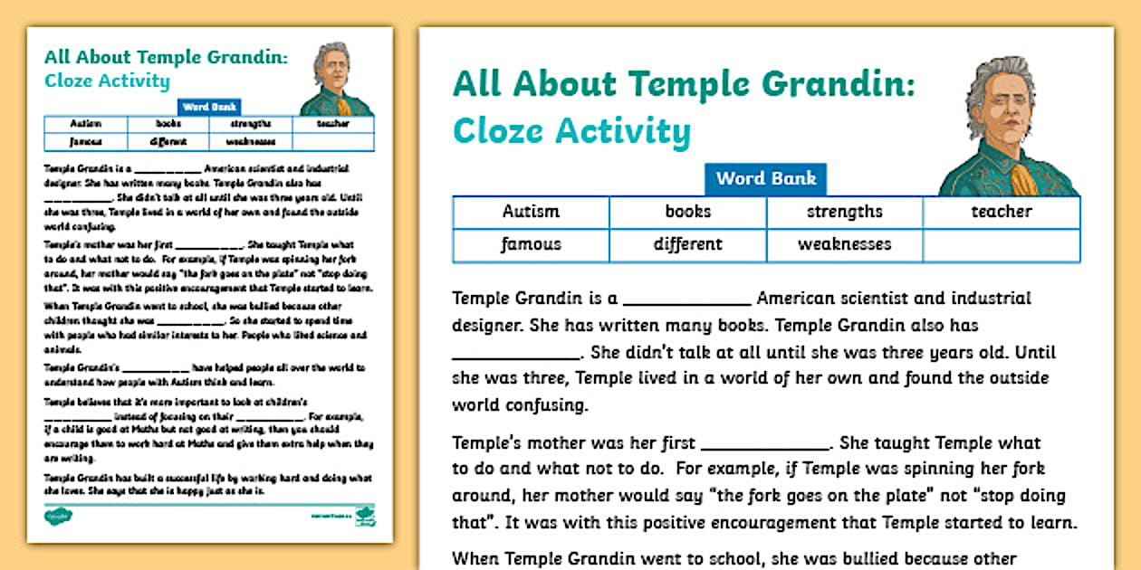 Autism Awareness Day Cloze Activity: Temple Grandin - Twinkl