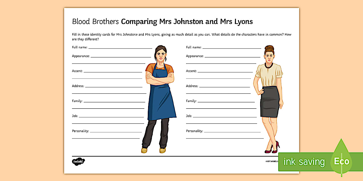 Blood Brothers Mrs Johnstone and Mrs Lyons Comparison LA Worksheet ...