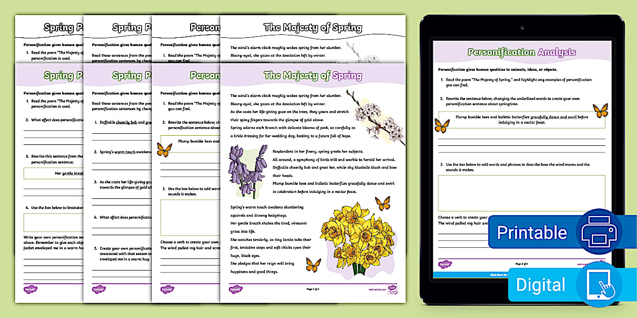Spring Poem Personification Activity Sheets for 3rd-5th Grade