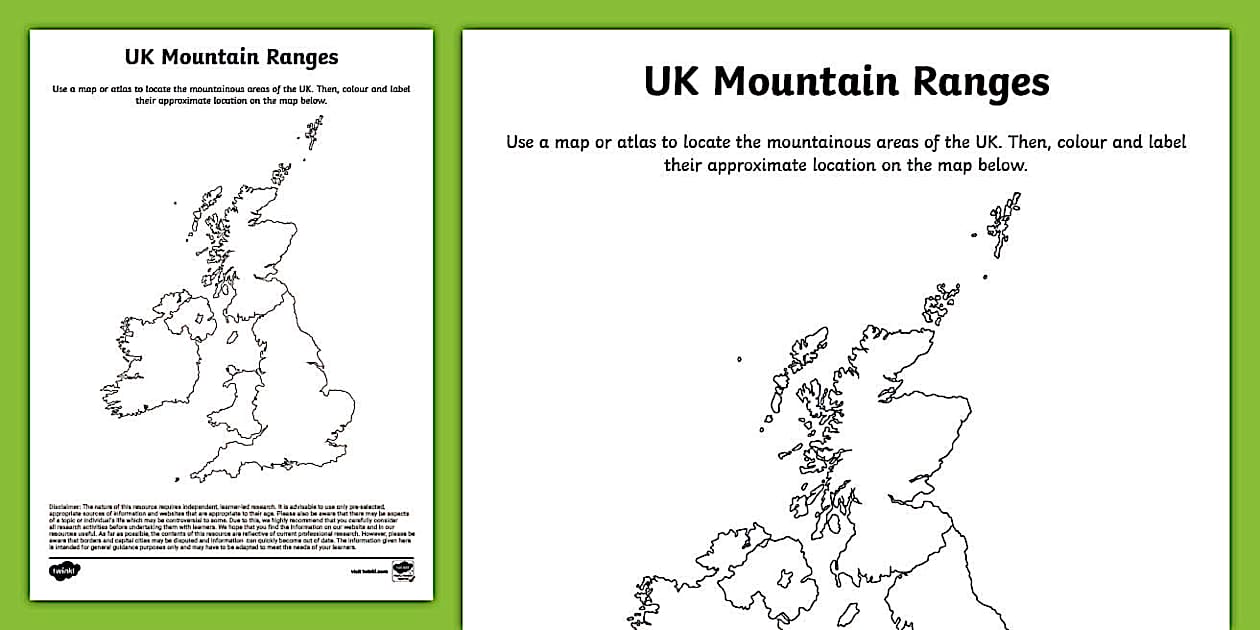 Mountain Ranges in the UK Map Activity Worksheet