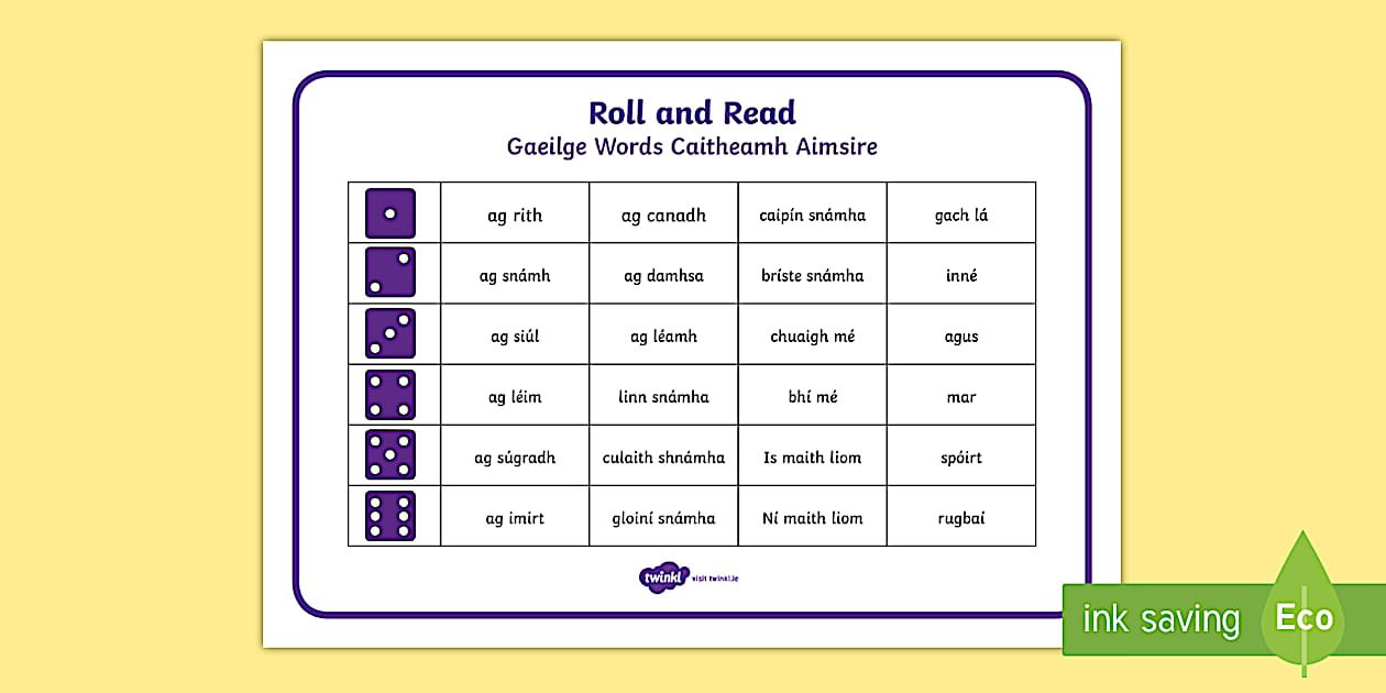 Roll and Read Caitheamh Aimsire Words Game Gaeilge