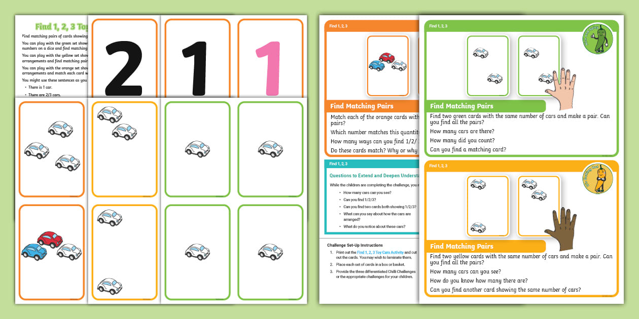 👉 EYFS Maths: Find 1, 2, 3 Chilli Challenges: Sets of Toy Cars