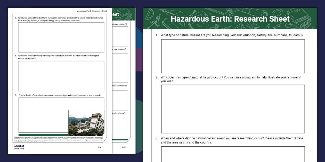 Geographical Enquiry: Hazardous Earth Research Sheet