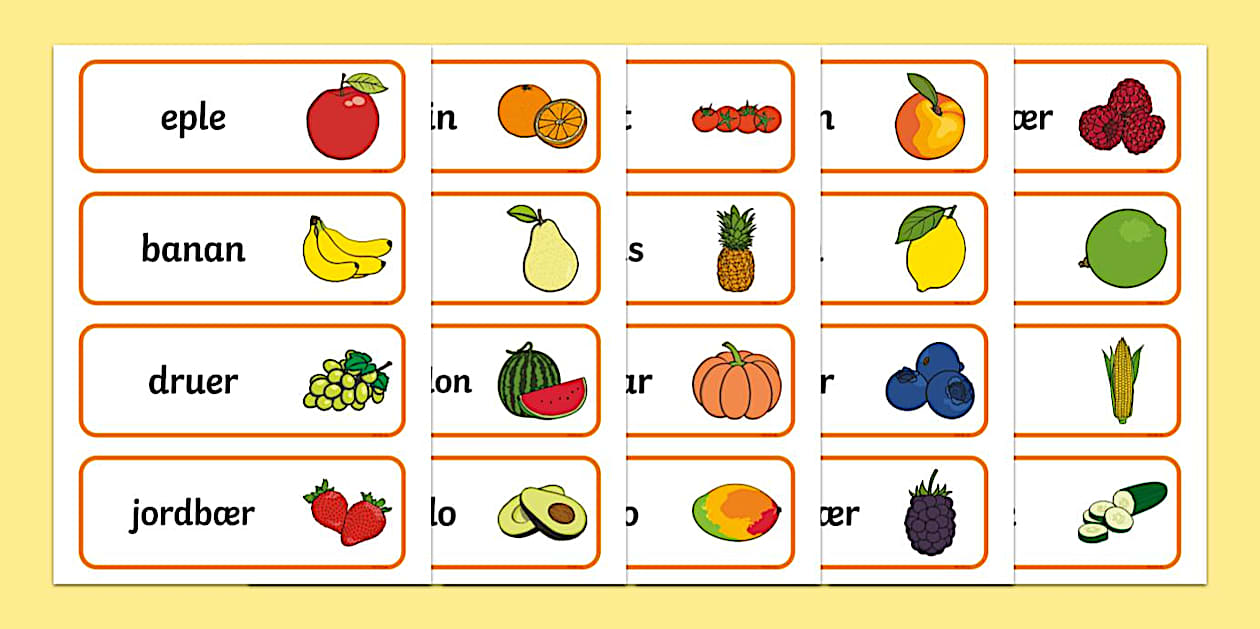 Ord- og begrepskort til frukt og grønt