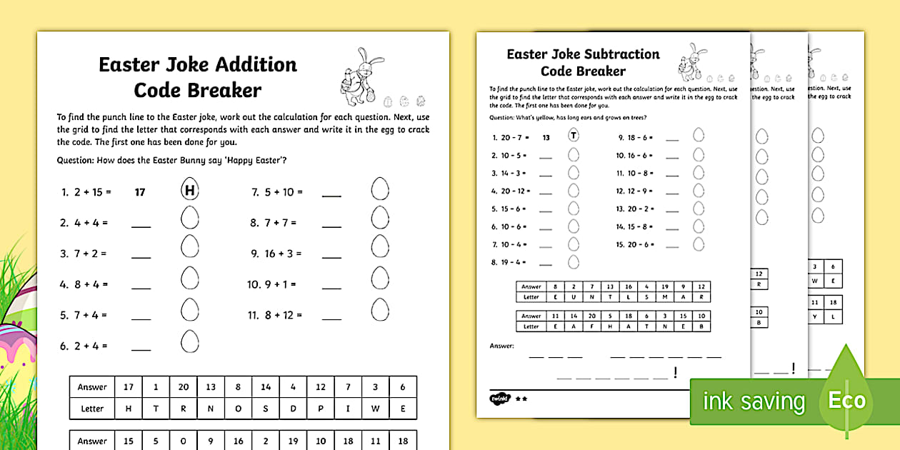 Middle Ability Easter Joke Addition and Subtraction Code Breaker Worksheet
