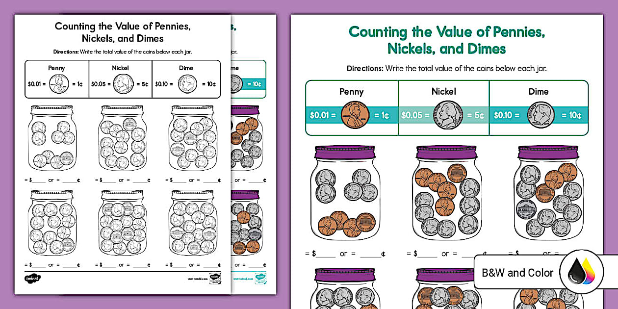 Counting the Value of Pennies, Nickels, and Dimes Worksheet
