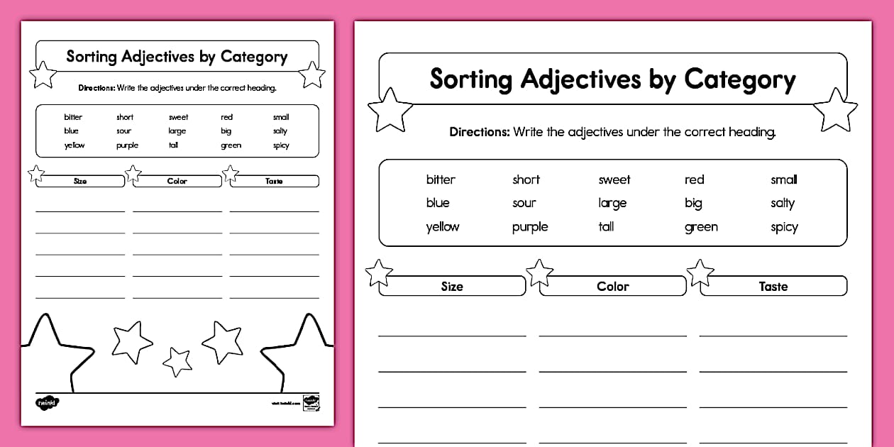 Second Grade Sorting Adjectives by Category Worksheet