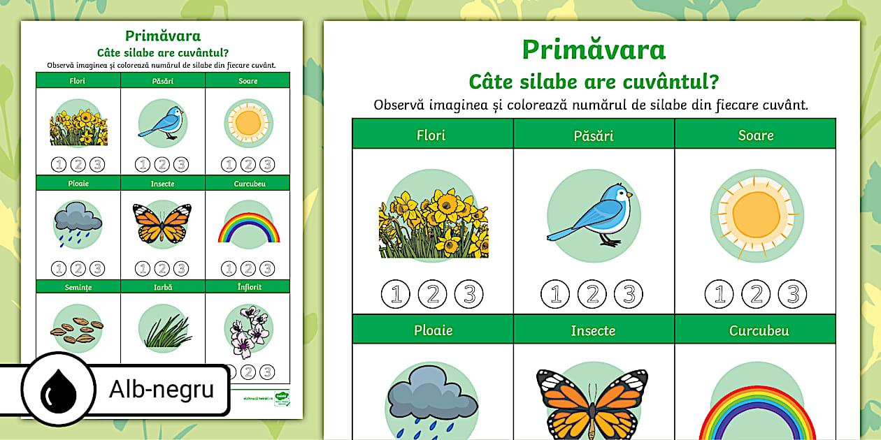 Primăvara: Câte silabe are cuvântul? – Fișă de activitate