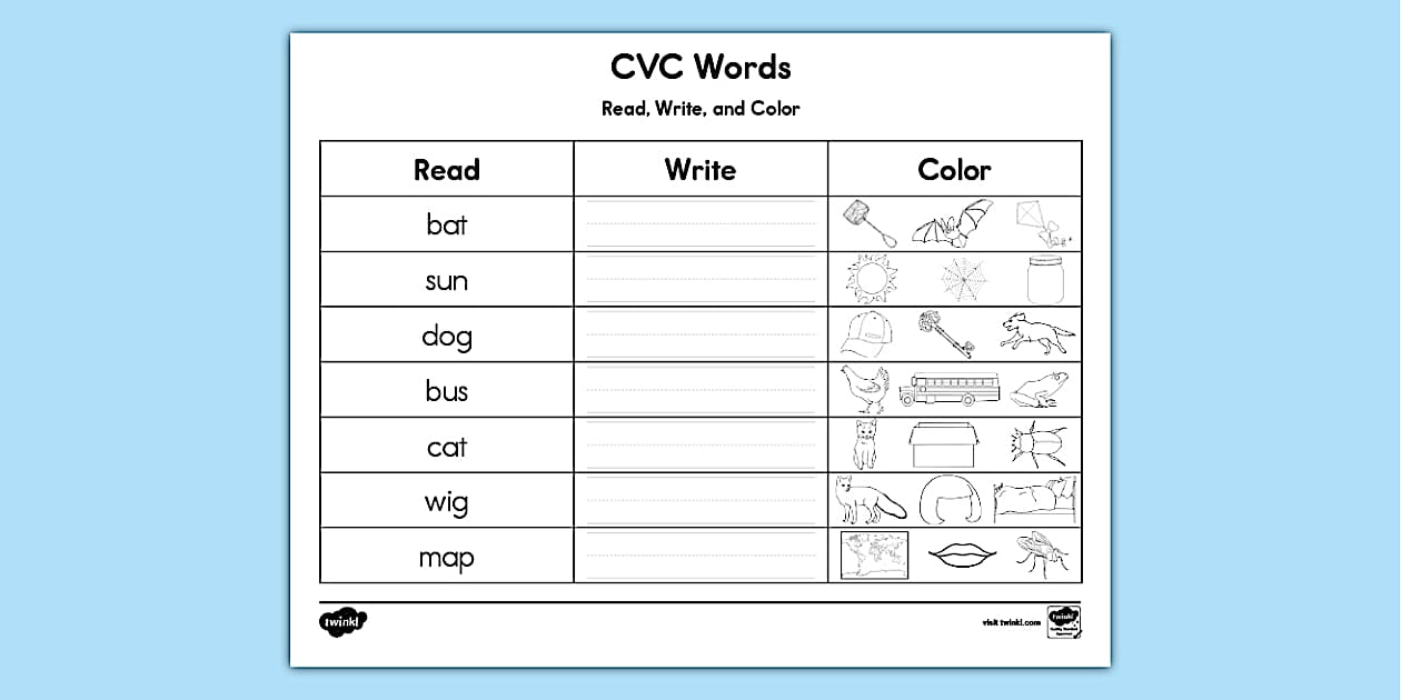 CVC Words Read, Write, and Color Worksheet for K-1st Grade | Twinkl USA