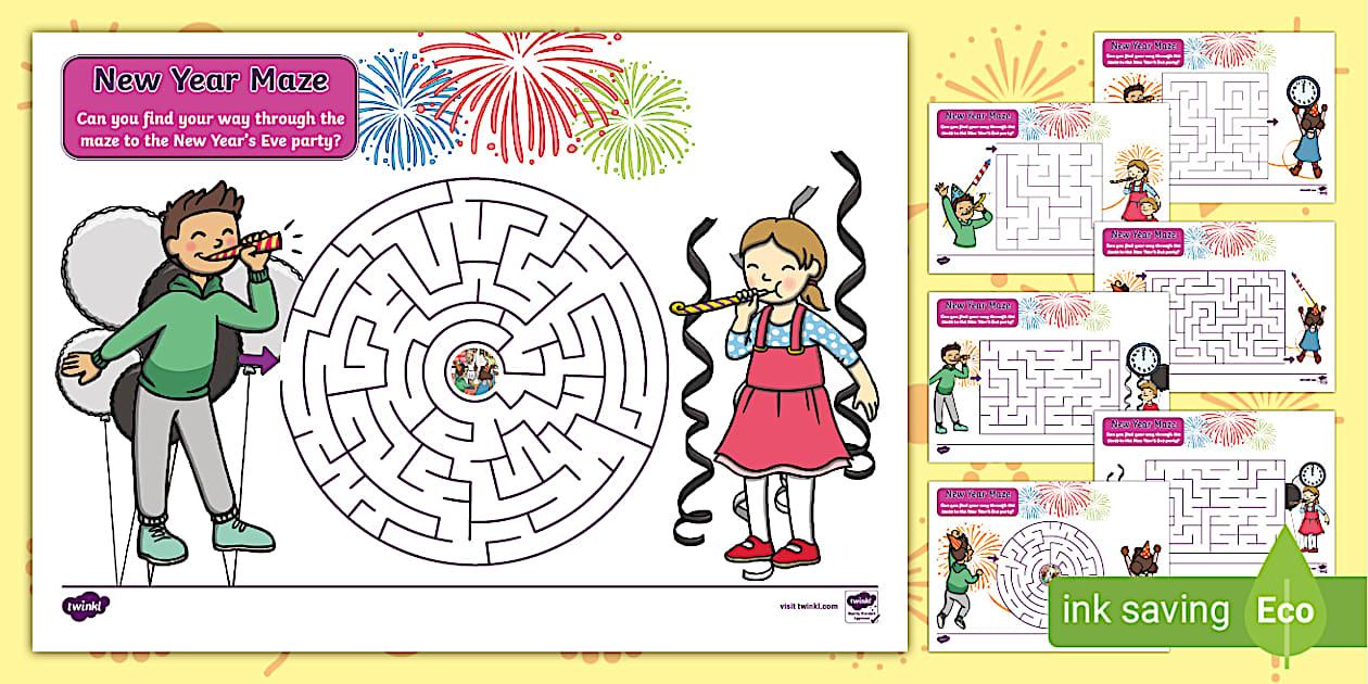 Free New Year Maze Activity Worksheets for Kids: Download!