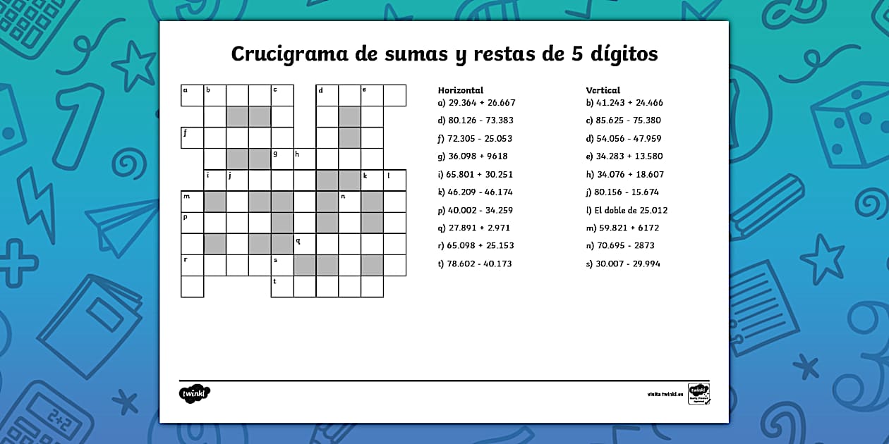 Crucigrama matemático: Sumas y restas de hasta 5 dígitos