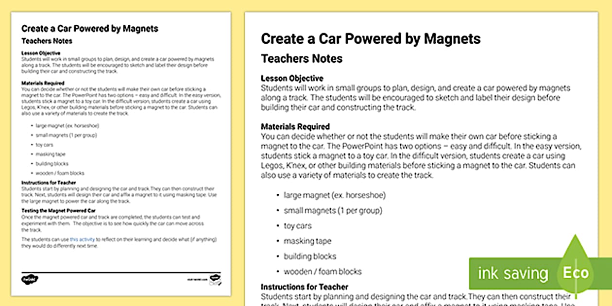 Create a Car Powered by Magnets Teacher Notes (teacher made)