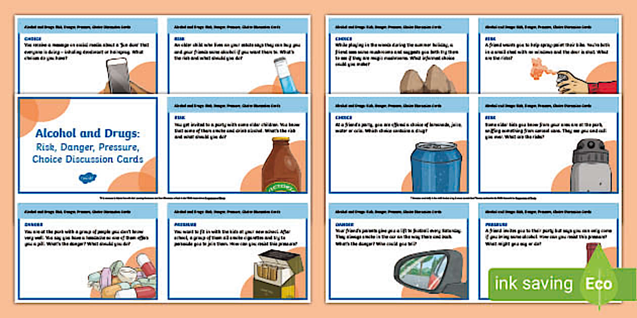 Editable Alcohol and Drugs: Risk, Danger, Pressure, Choice Discussion Cards
