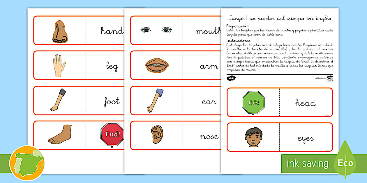A1 Juego: Emparejar las partes del cuerpo en inglés