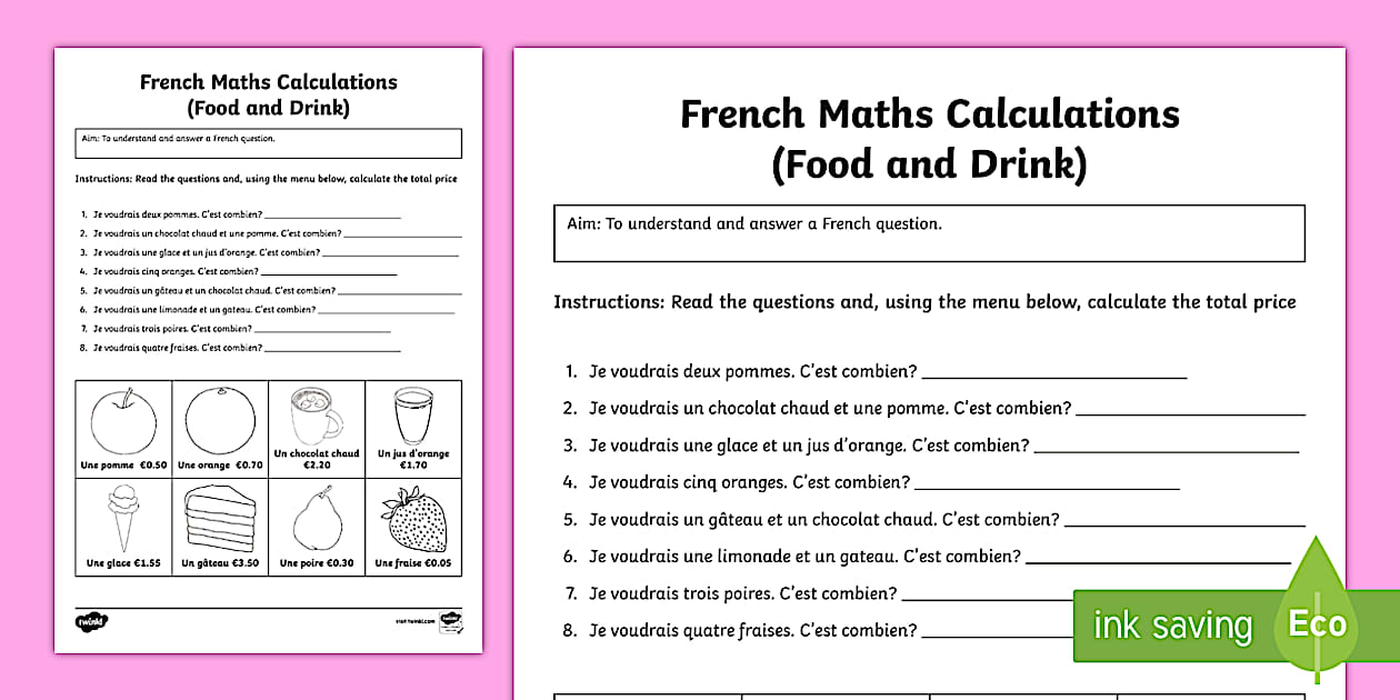 CfE French Maths Calculations (Food and Drink) Worksheet / Worksheet