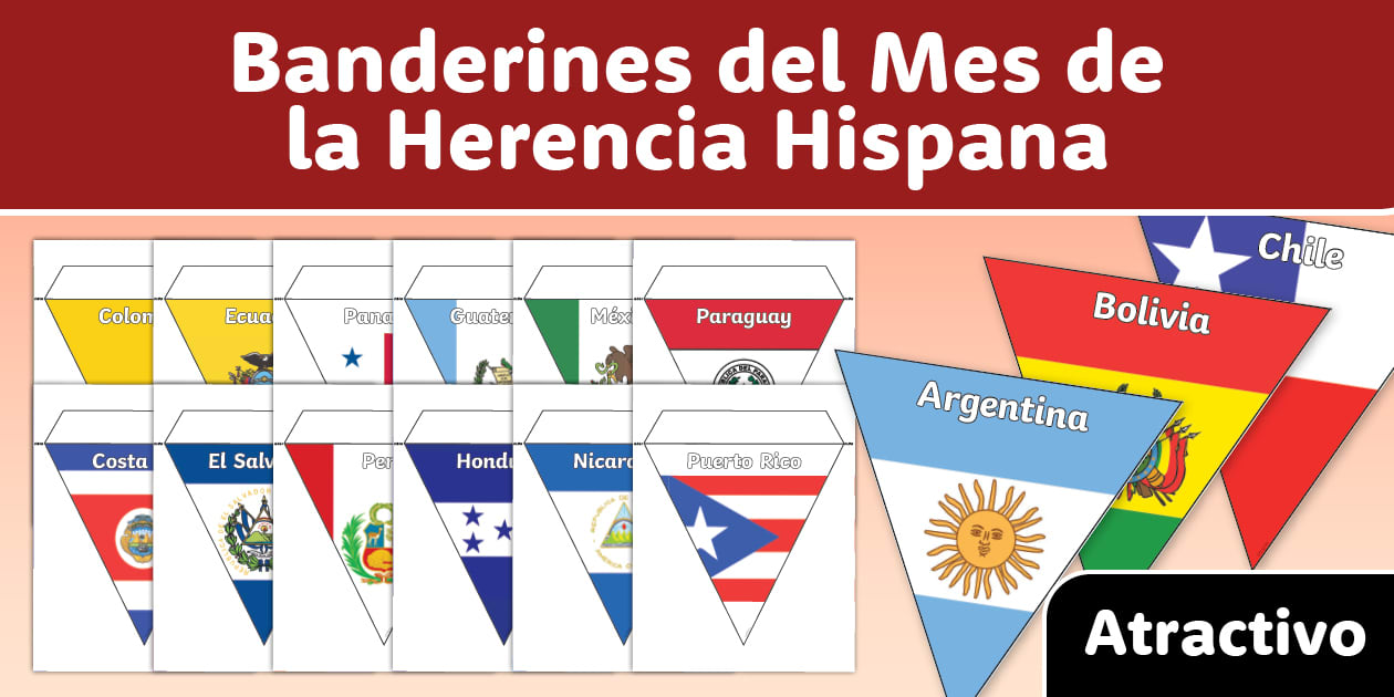 Banderines con banderas del Mes de la Herencia Hispana