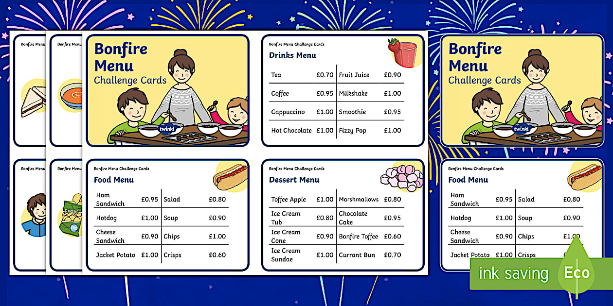 Editable Bonfire Menu Challenge Cards (teacher made)