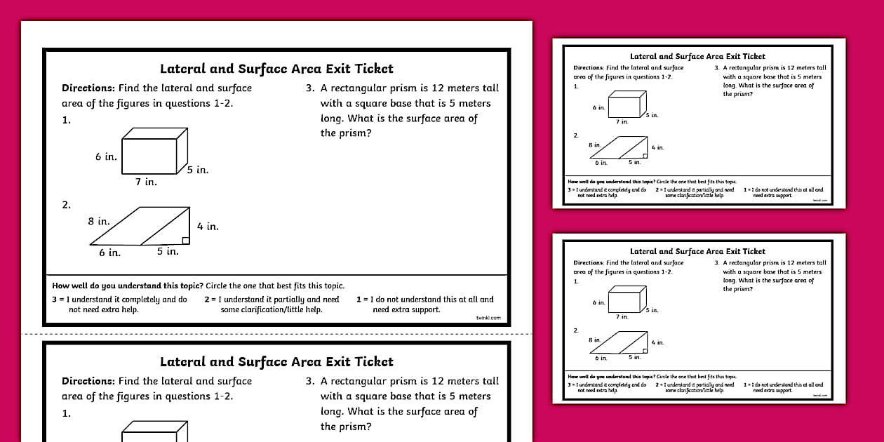 Seventh Grade Lateral and Surface Area Exit Ticket - Twinkl