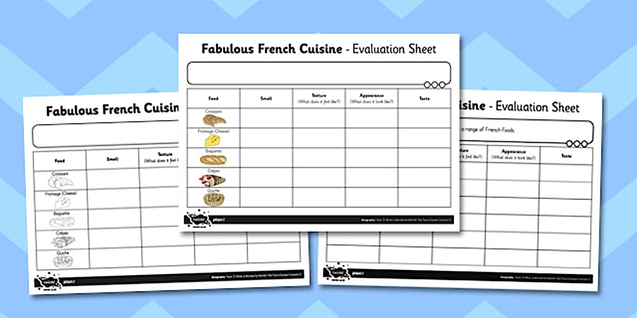 Editable What a Wonderful World Fabulous French Cuisine Evaluation Sheet