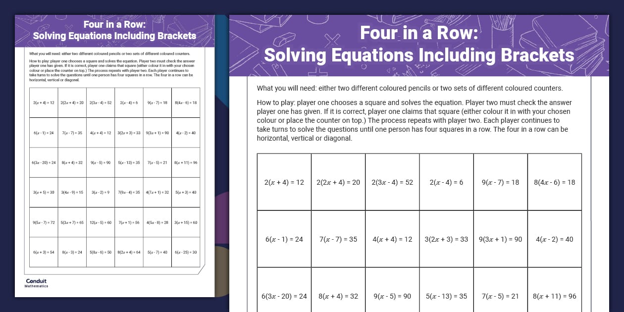 Four in a Row: Solving Equations Including Brackets - Twinkl