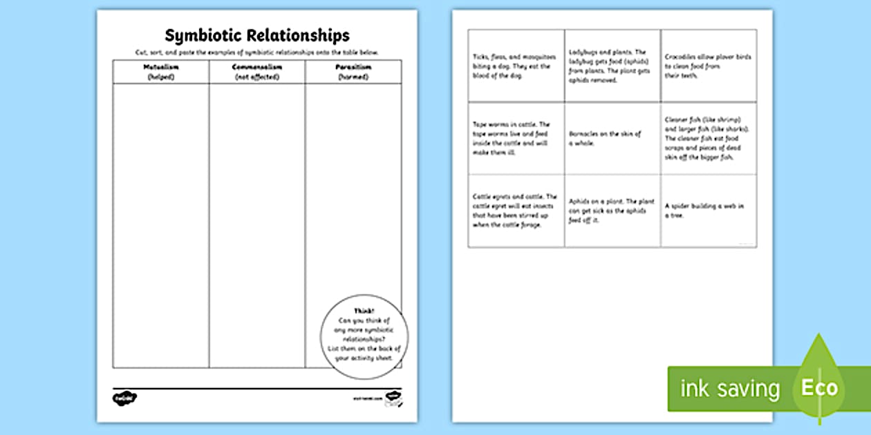Symbiotic Relationships Sorting Worksheet for 3rd-5th Grade