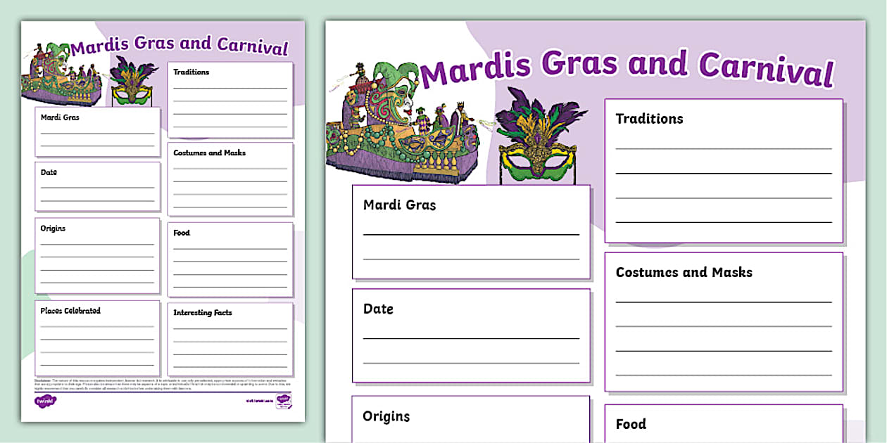 Mardis Gras and Carnival Fact File Template (teacher made)