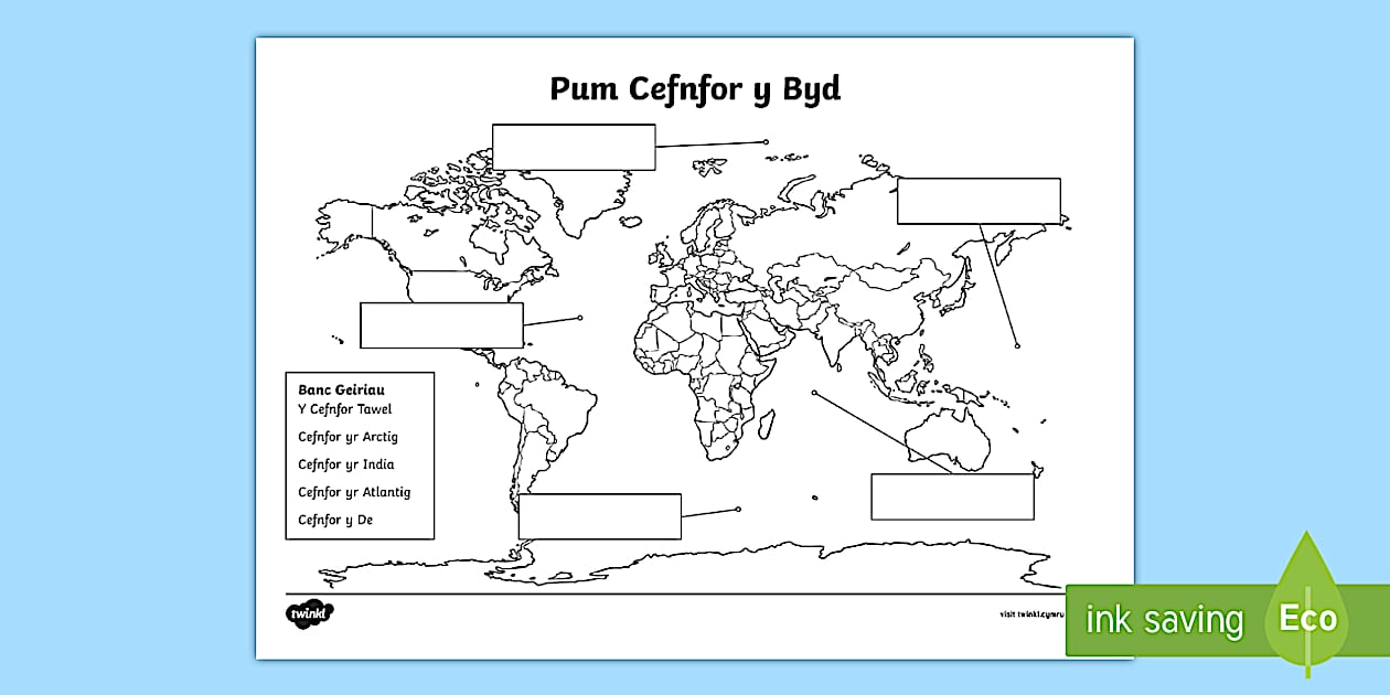 Taflen Weithgaredd Labeli Pum Cefnfor y Byd (teacher made)
