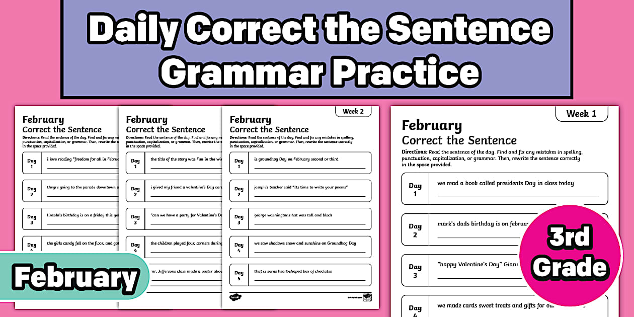 Third Grade February Daily Correct the Sentence Grammar
