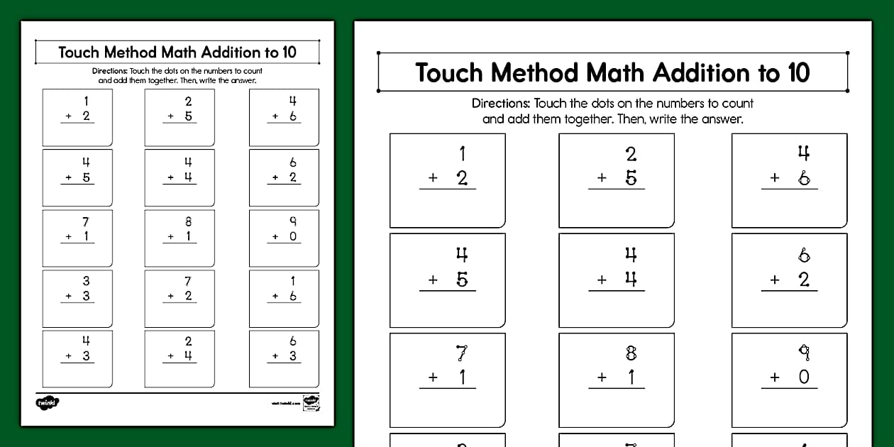 Touch Method Math Addition to 10 Worksheet for K-2nd Grade